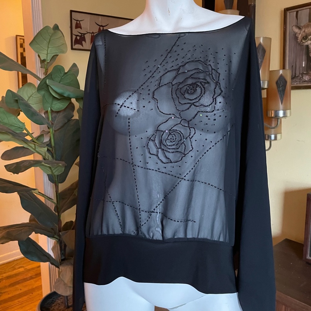 Ladies Sheer Bat Wing Blouse Sequin Rose Design Gothi… - Gem